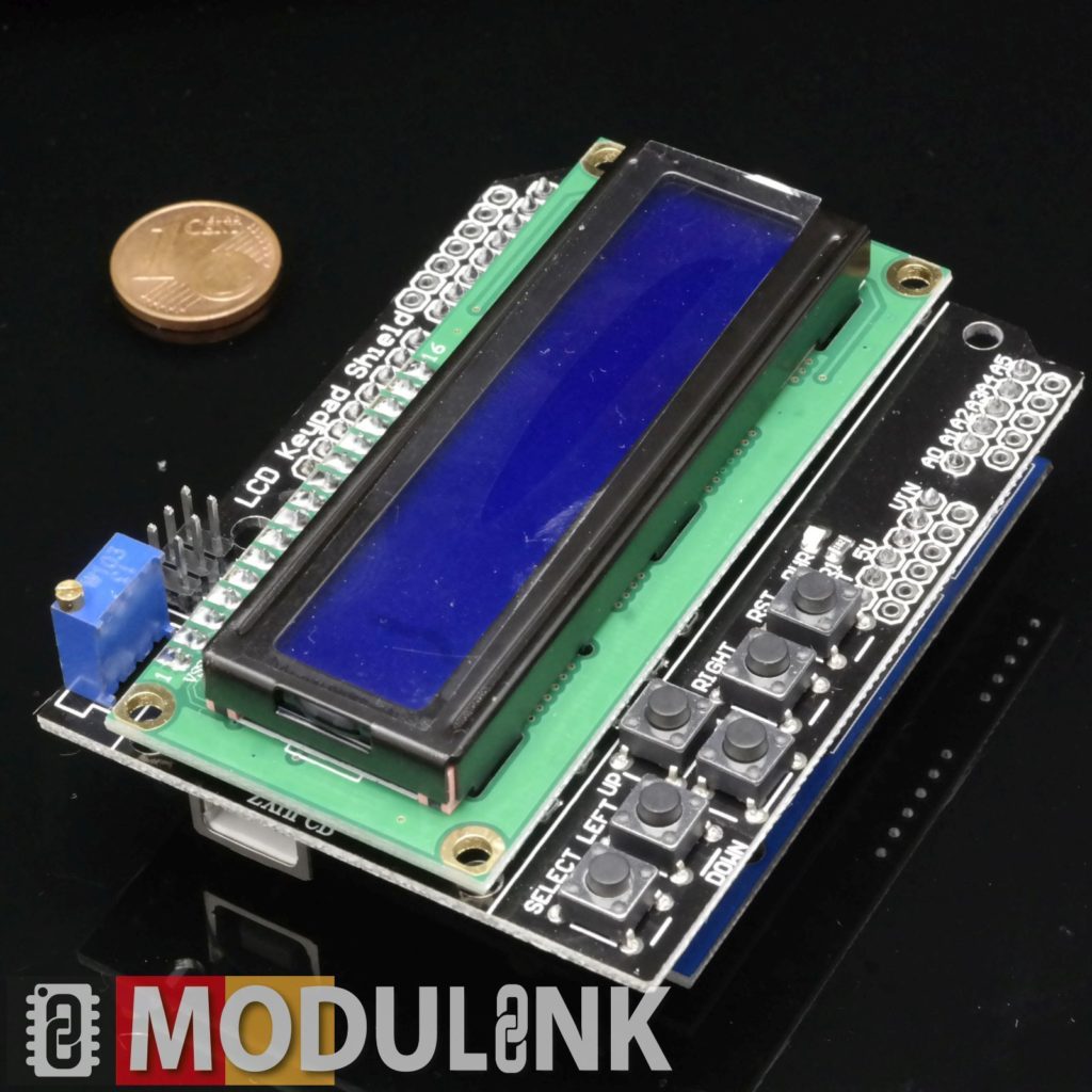 LCD Display 1602 Keypad Shield Eingabe Tast. HMI blau 16×2 HD44780 Arduino – ModuLink ...